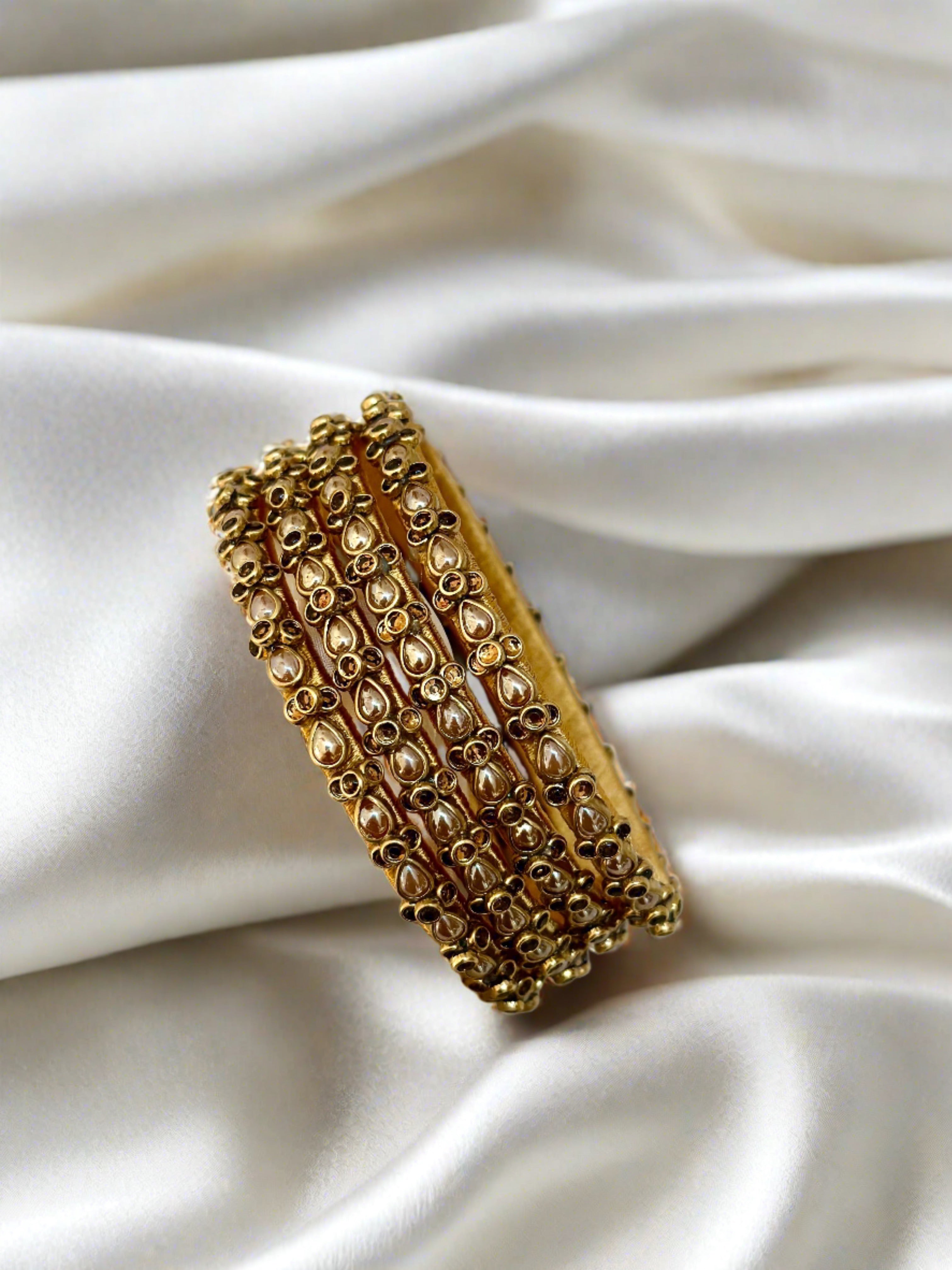 Pearl Gold Silk Thread Kundan Bangles(Pearl Gold Drop and Round Shaped – Wow Knots