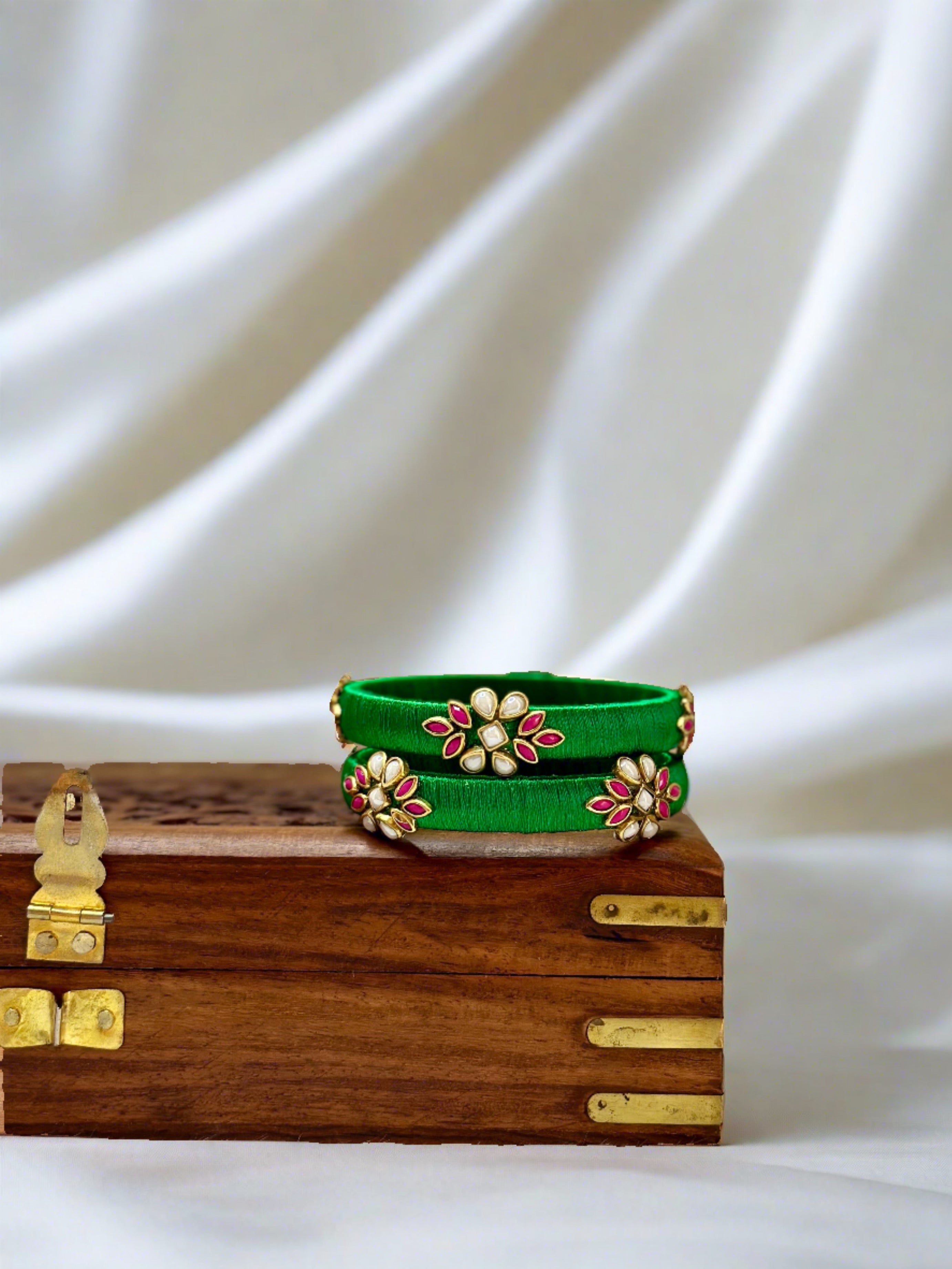 Green Silk Thread Kada Kundan Bangles with Pink and Pearl White Kundan ...