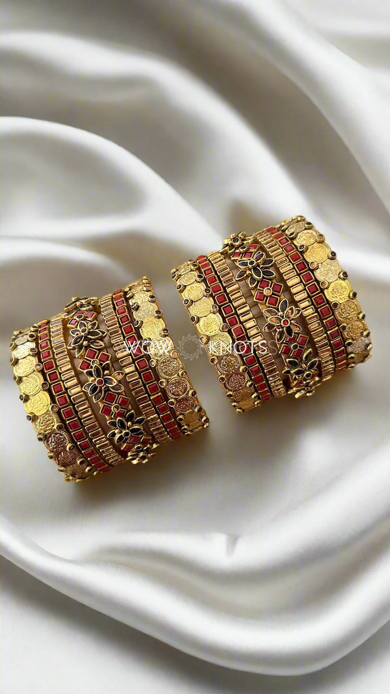 Maroon and Gold 3D Flower Kundan Bangle Set (Coin Side Kada Bangles ...