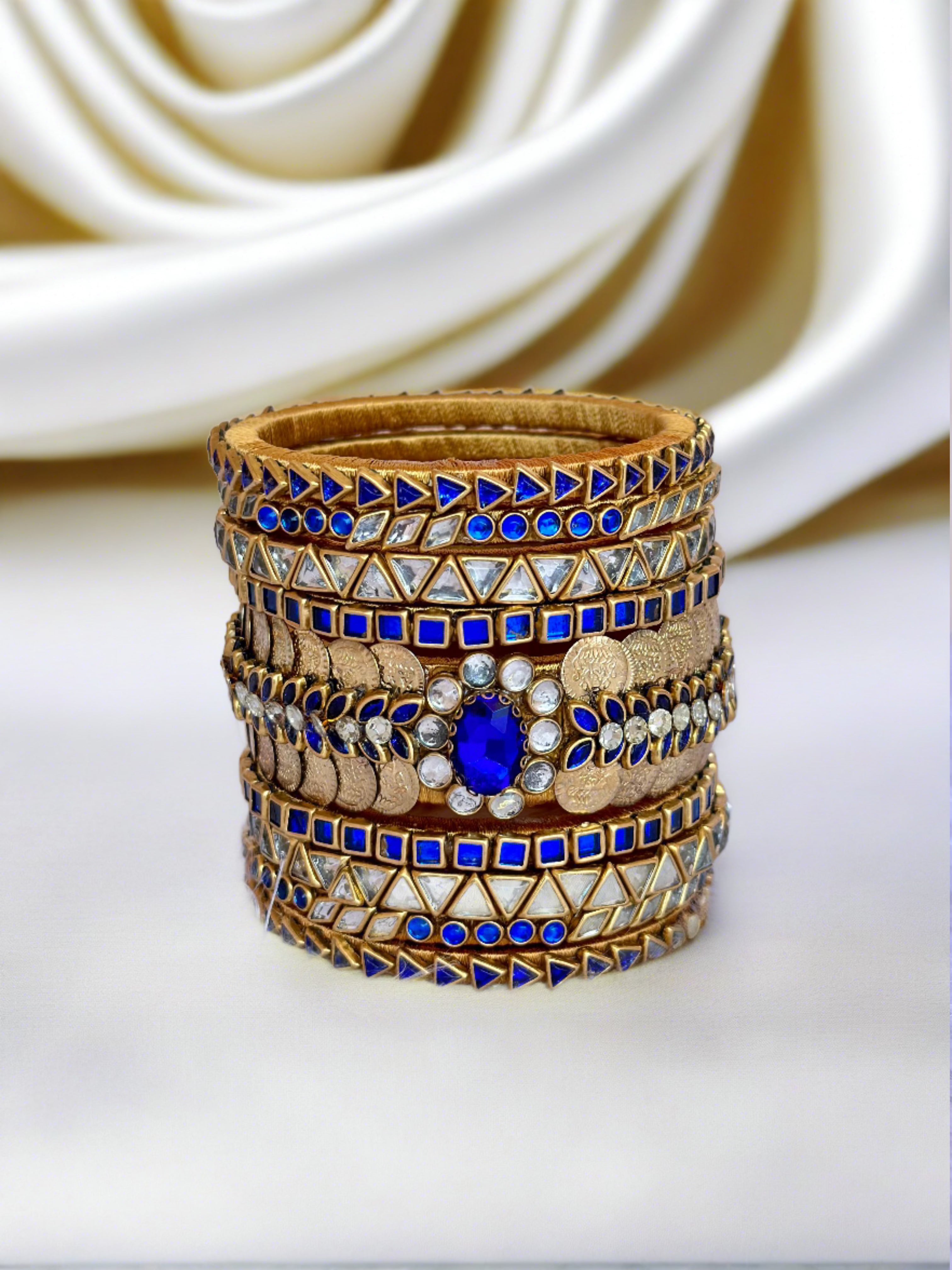 Blue Silk Thread Kundan Bangles Coin Set(Blue and Silver Coin Set ...
