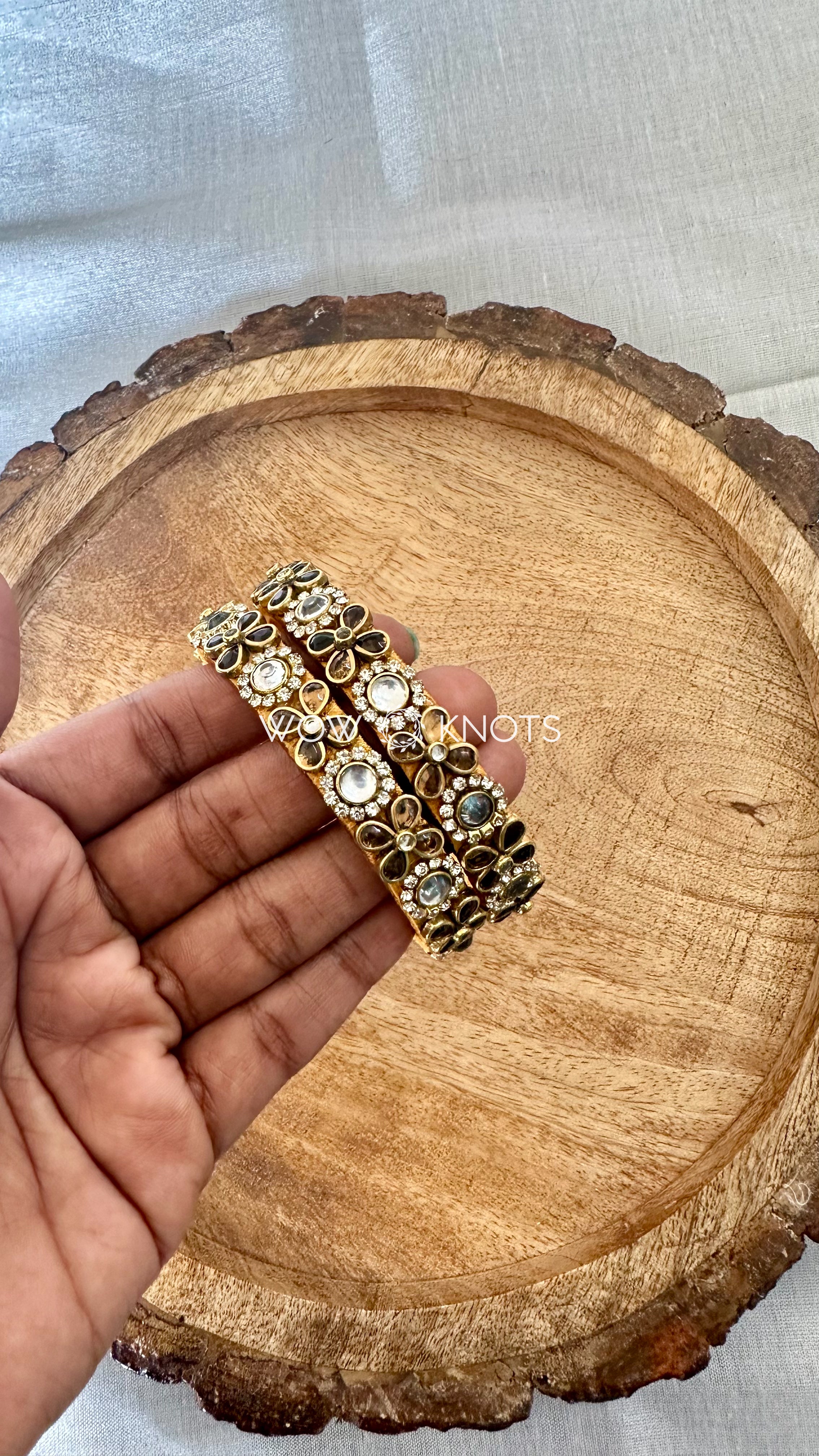 Gold Glossy Kundan and Stone Kada Bangles (Glossy Drop and Round Kunda ...