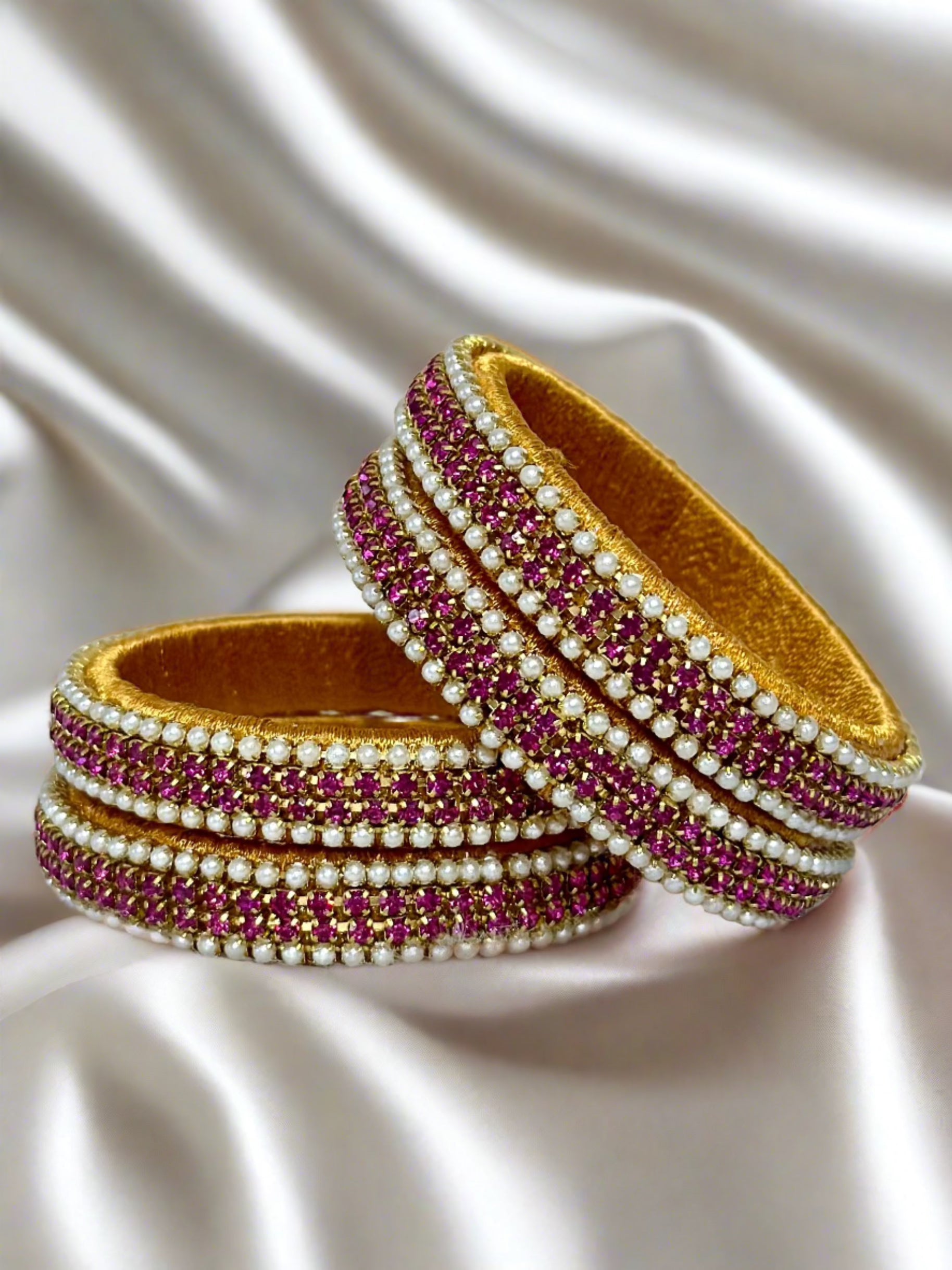 Pearls and Stones Silk Thread Kada Bangles(Onion Pink and Pearl White ...