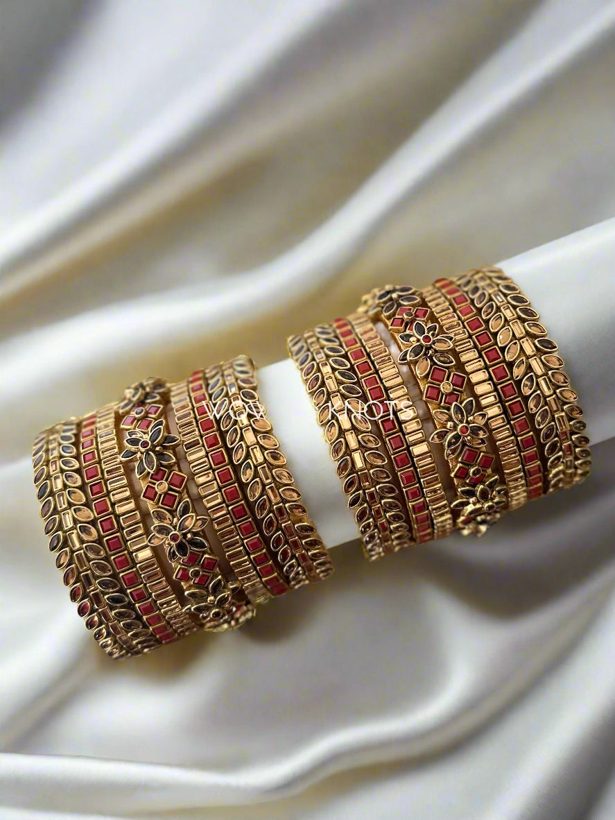 Maroon and Gold 3D Flower Kundan Bangle Set (Glossy Petal Side Kada Ba ...