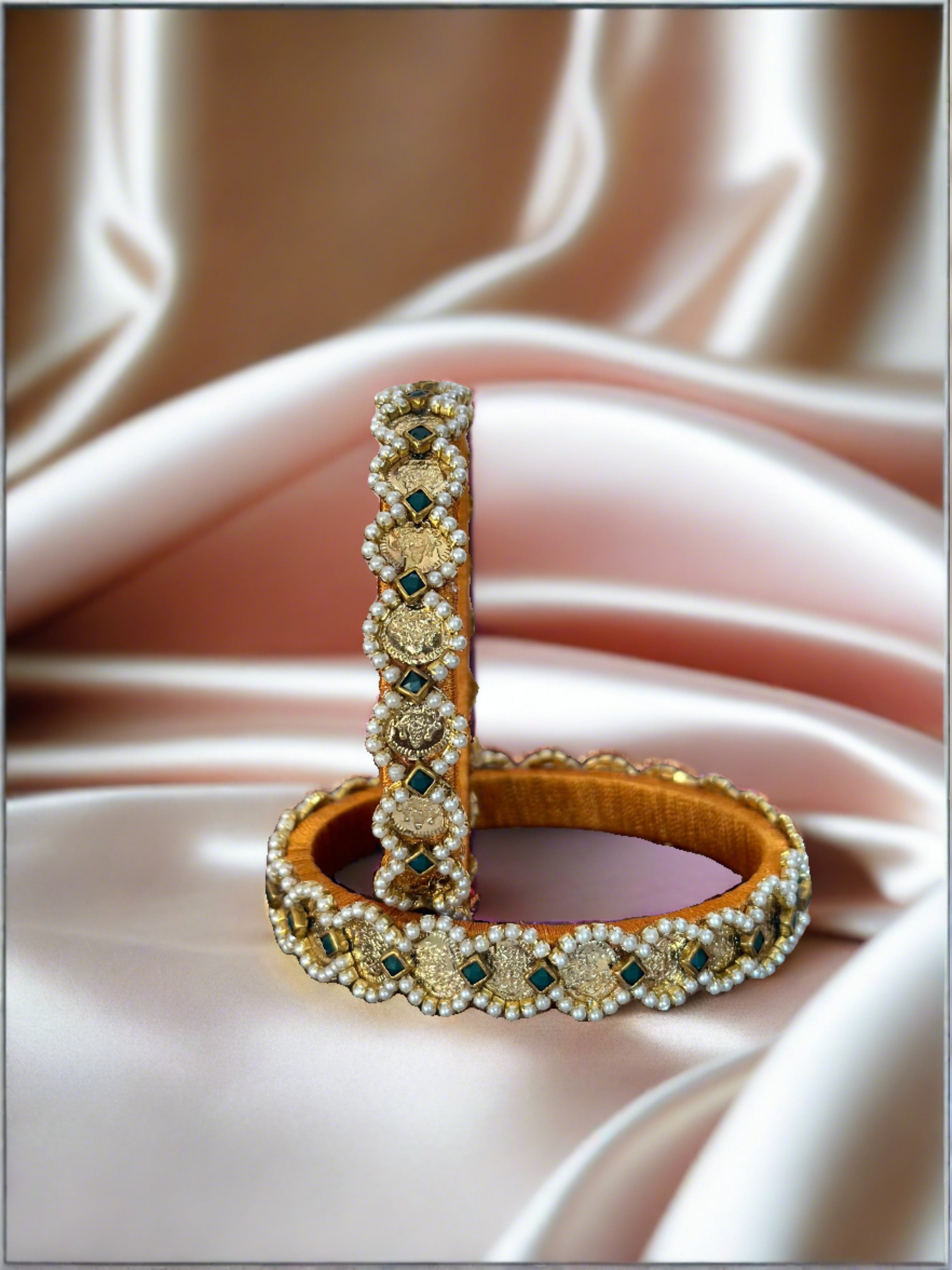 White and Green Coin & Pearl Kada Silk Thread Kundan Bangles – Wow Knots