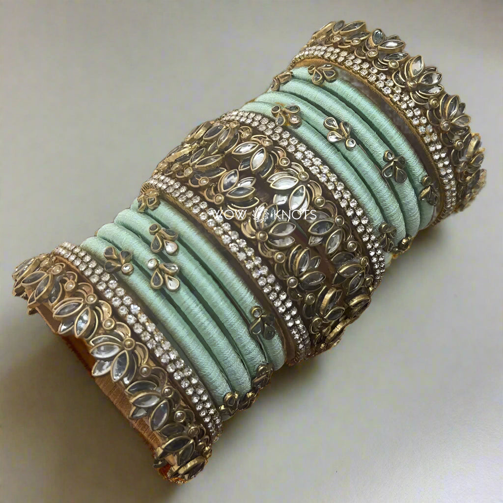 Silky Mint and Silver Combination Kundan Lotus Kada Side Bangle Set ...